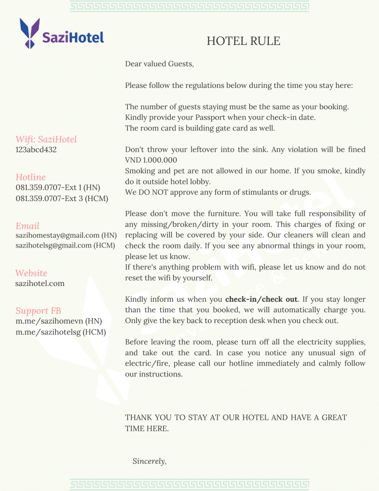 HOUSE RULE - Sazi Hotel Group