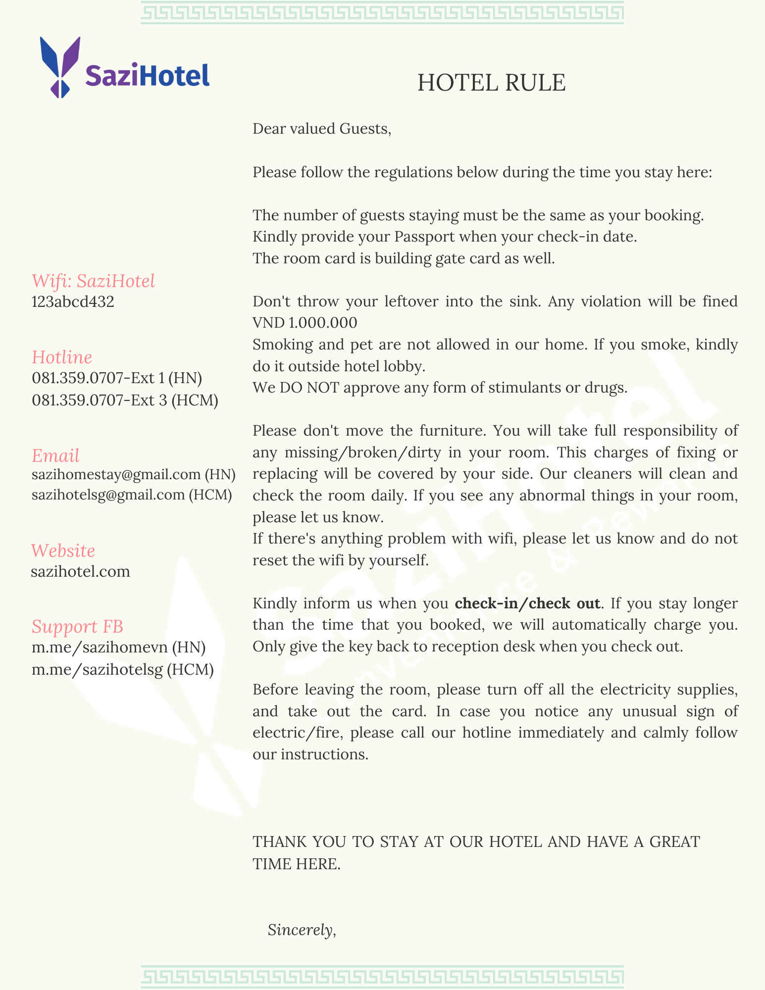 HOUSE RULE - Sazi Hotel Group